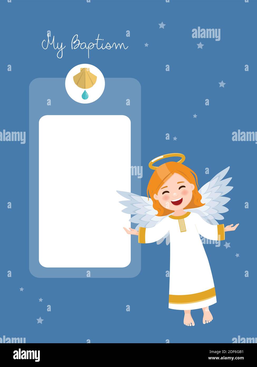 Flying angel. Baptism invitation with message on blue sky and stars ...