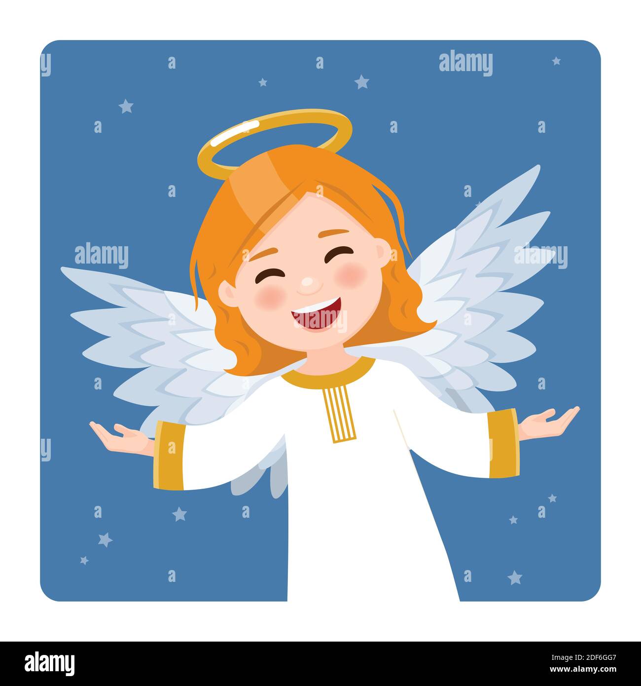 Foreground flying angel on blue sky and stars background. Flat vector ...