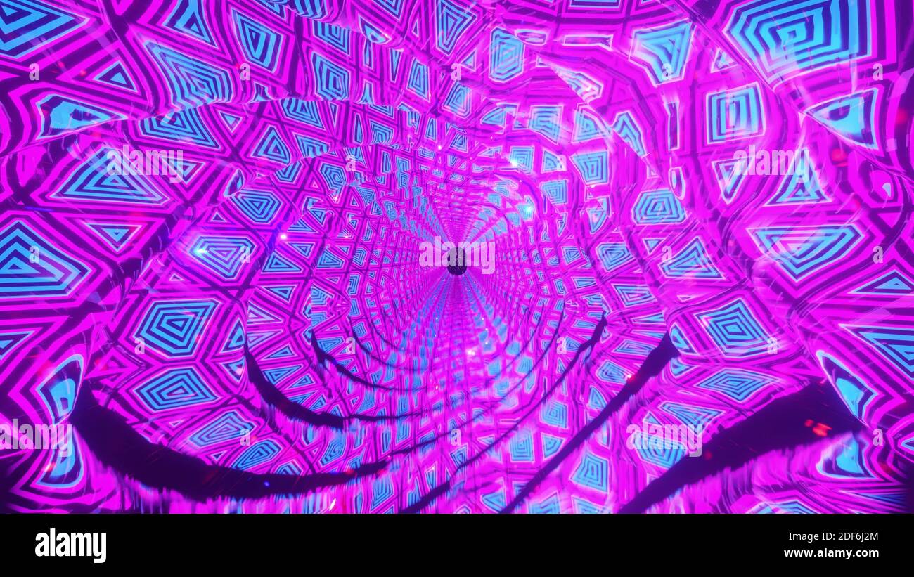 Highly abstract neon tunnel with glowing particles 3d illustration ...