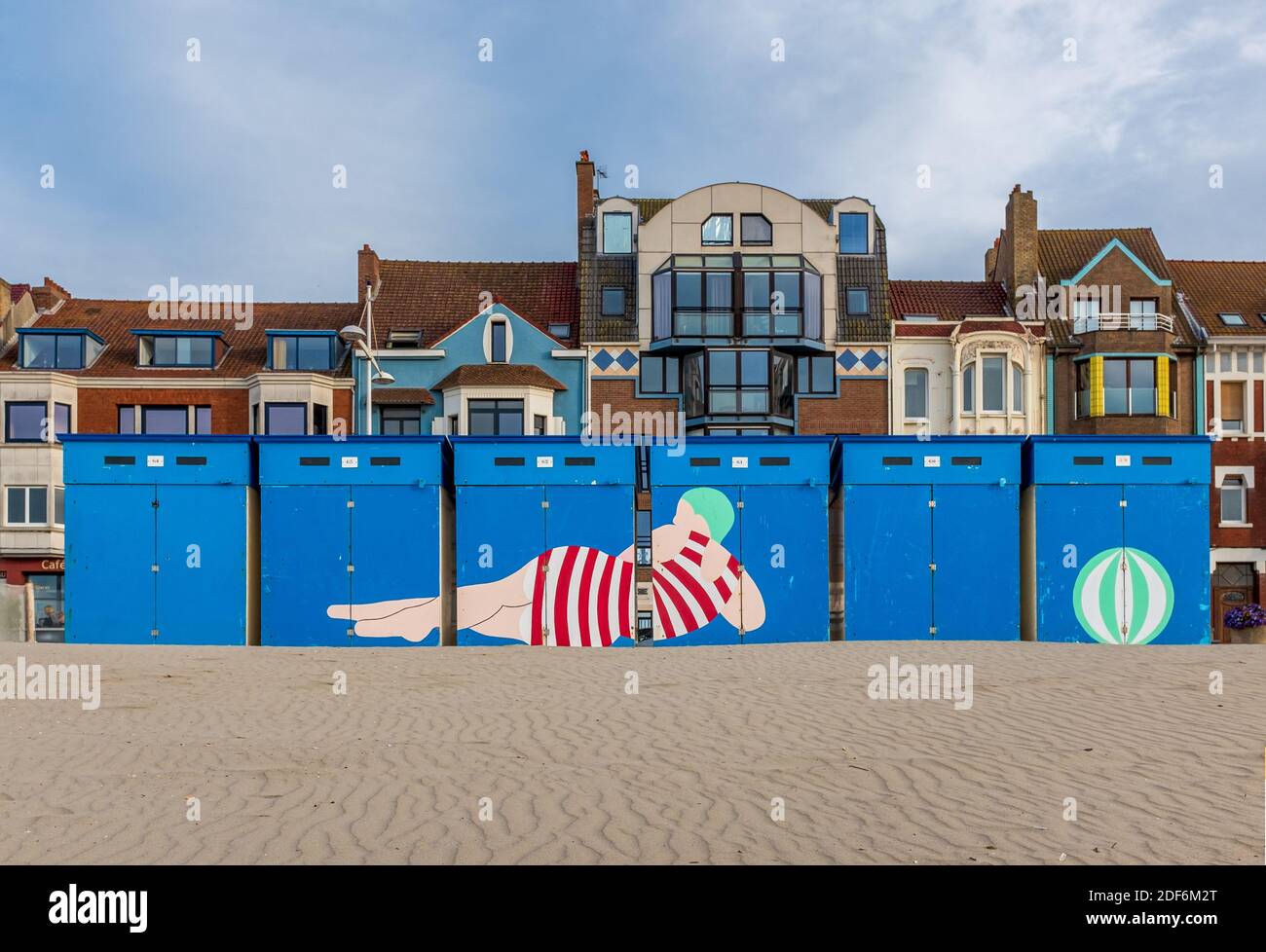 Artistic beach huts against buildings in Dunkirk, France Stock Photo ...