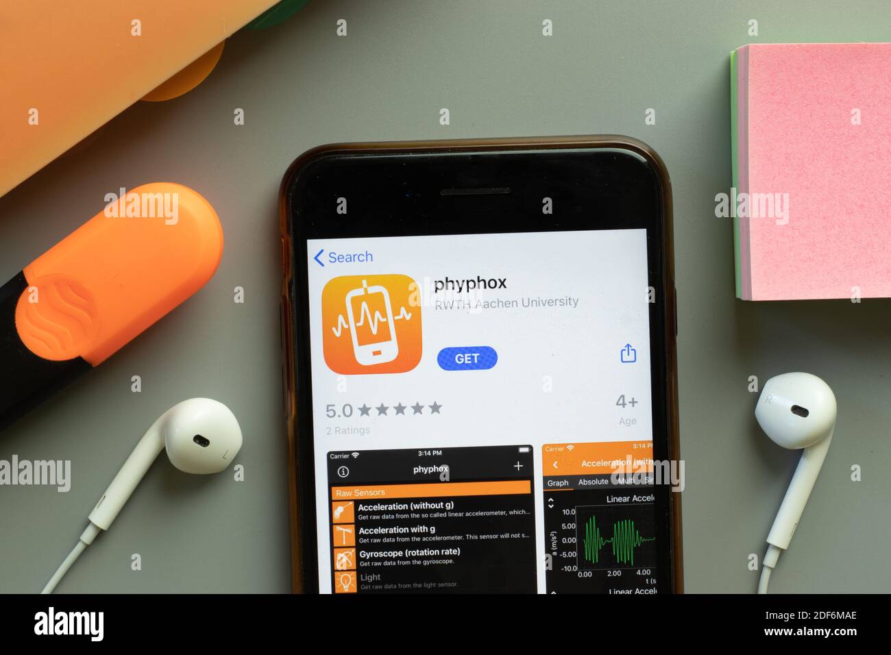New York, USA - 1 December 2020: phyphox mobile app icon on phone screen top view, Illustrative ...