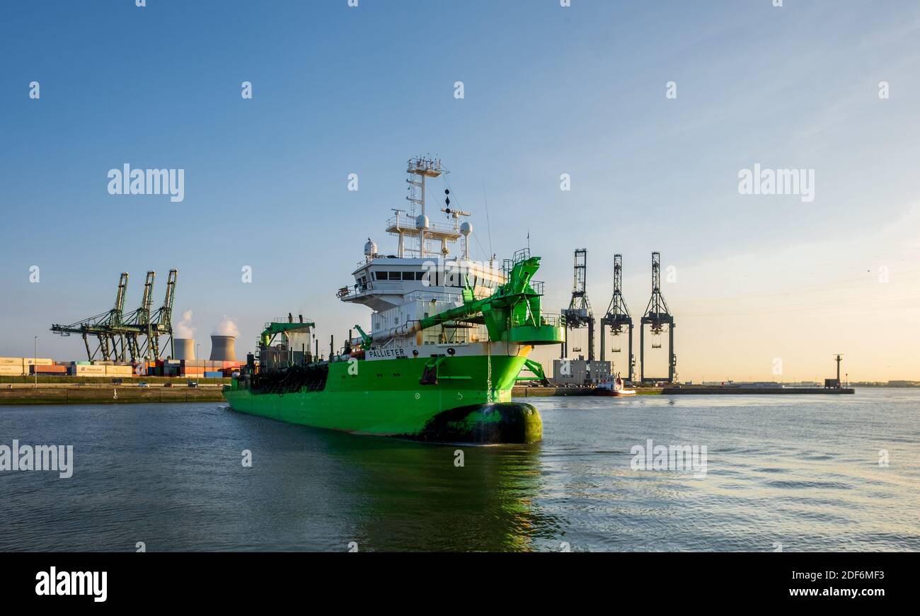 The hopper dredger vessel Pallieter sailing past the PSA Antwerp Europe ...