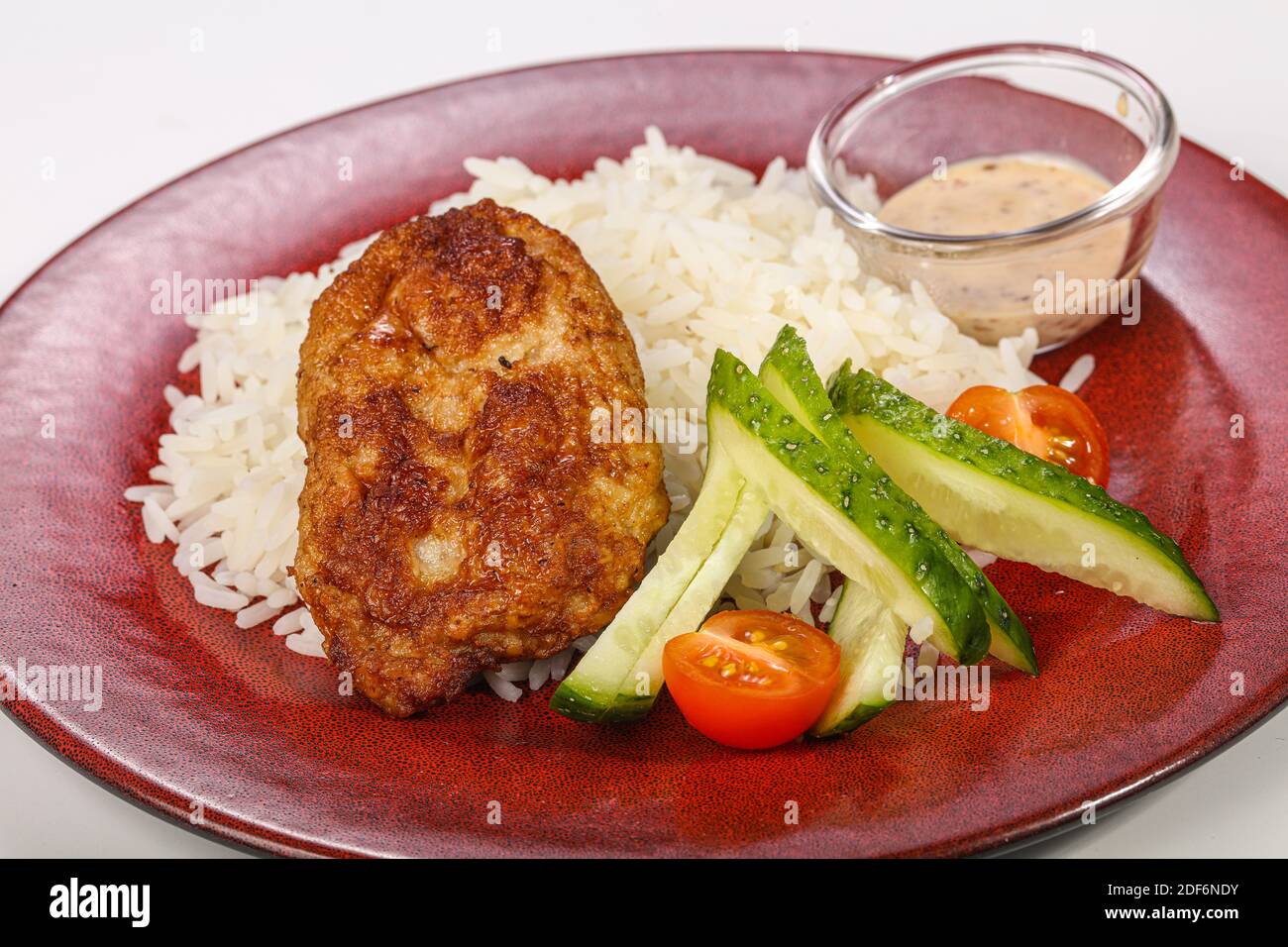 Steamed Rice with chicken cutlet and vegetables Stock Photo - Alamy