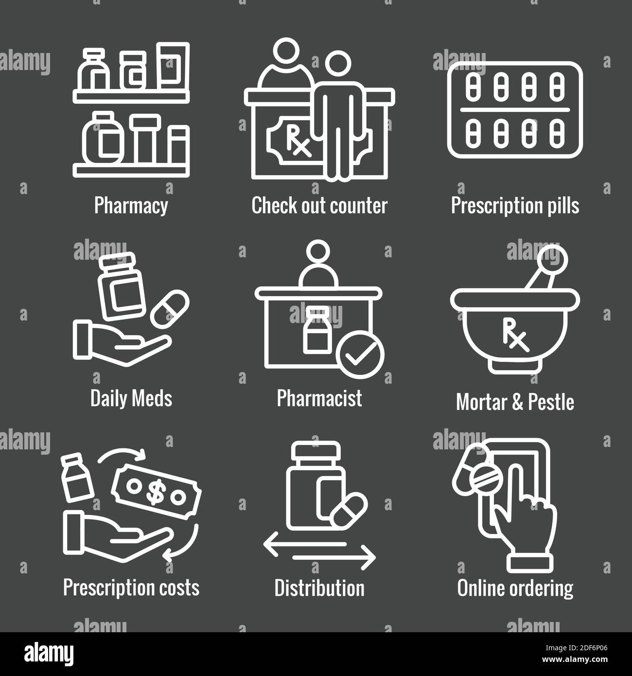 Pharmaceuticals, medication icon set with mortar and pestle, pharmacy ...