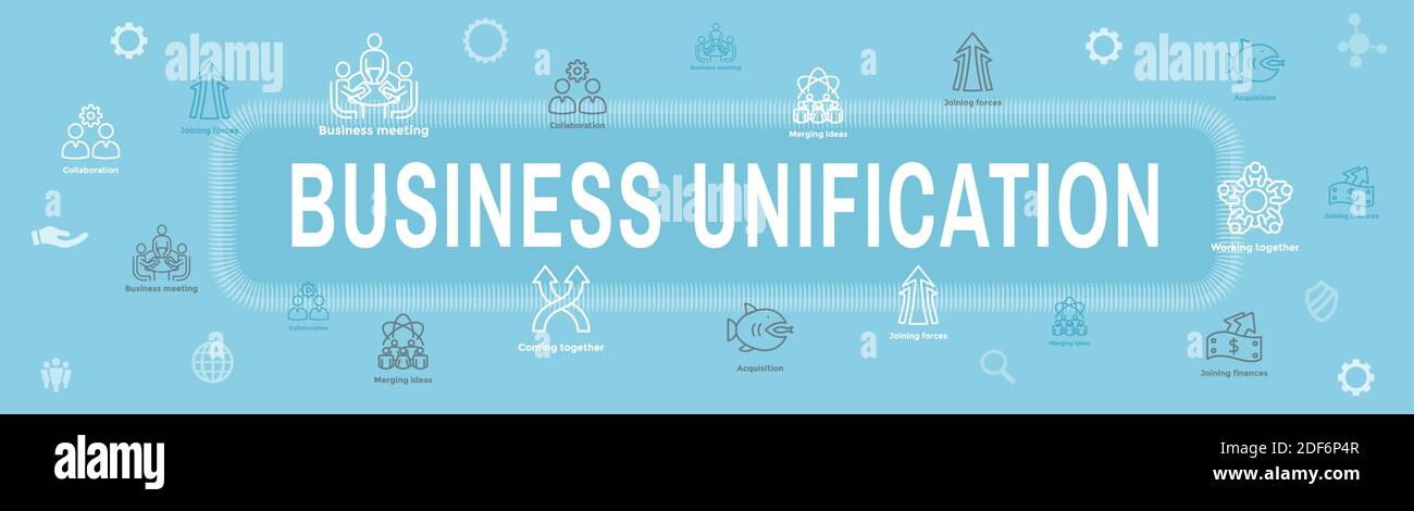 Companies merging together, one buying out the other & icon set header ...