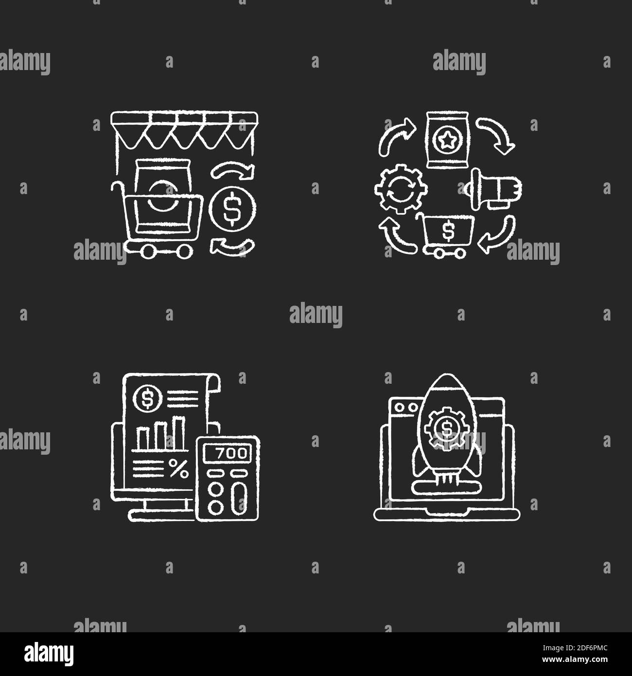 Business management chalk white icons set on black background Stock ...