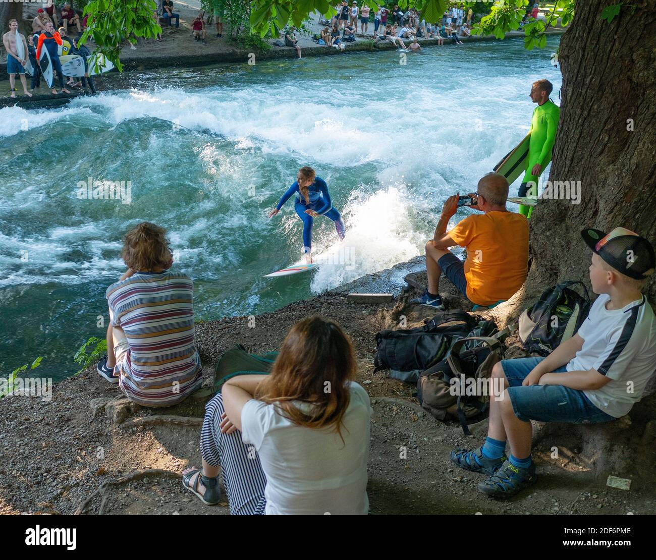 River Surfing at the Eisbach in Munich, Bavaria, Germany. The Eisbach ...