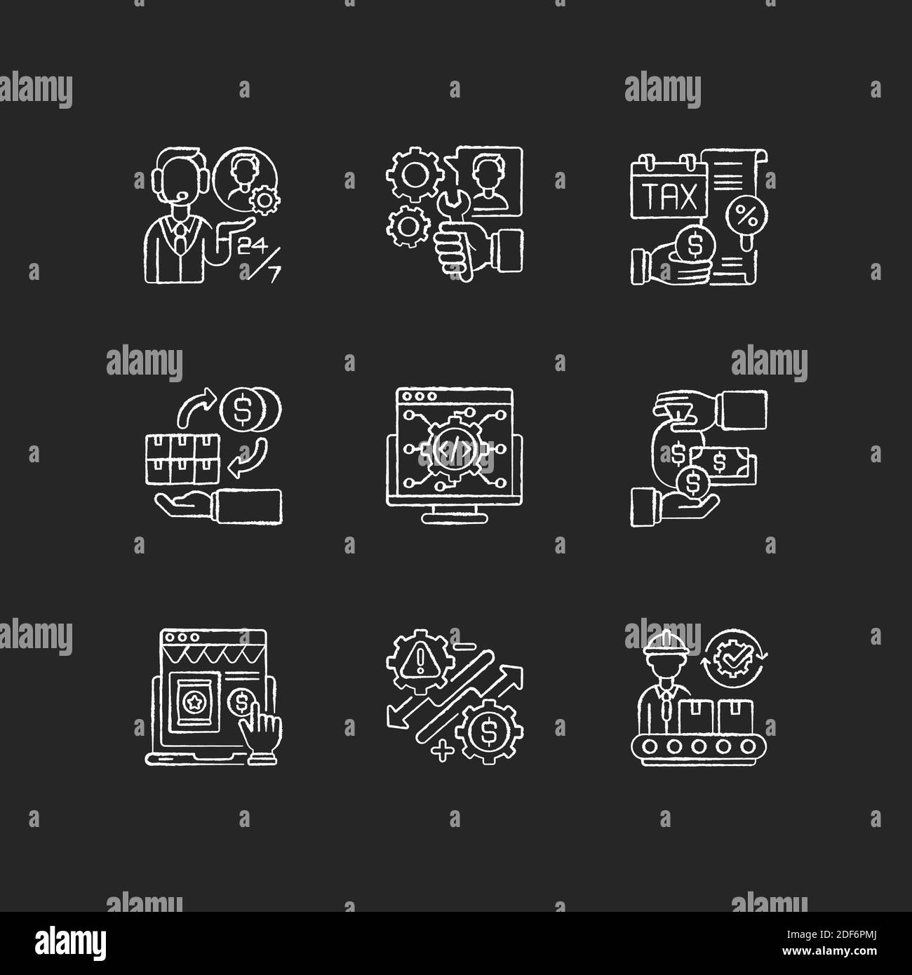 Business management chalk white icons set on black background Stock ...