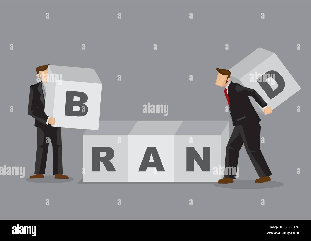 Two cartoon business professionals carry huge building block to form ...