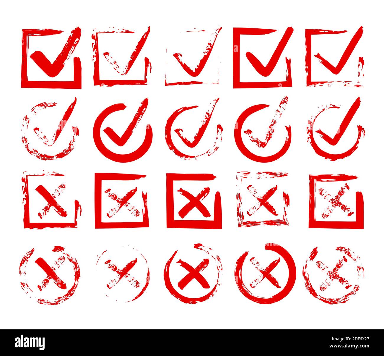 Check mark red. Grunge V X hand drawn checkmarks. Vector square and ...