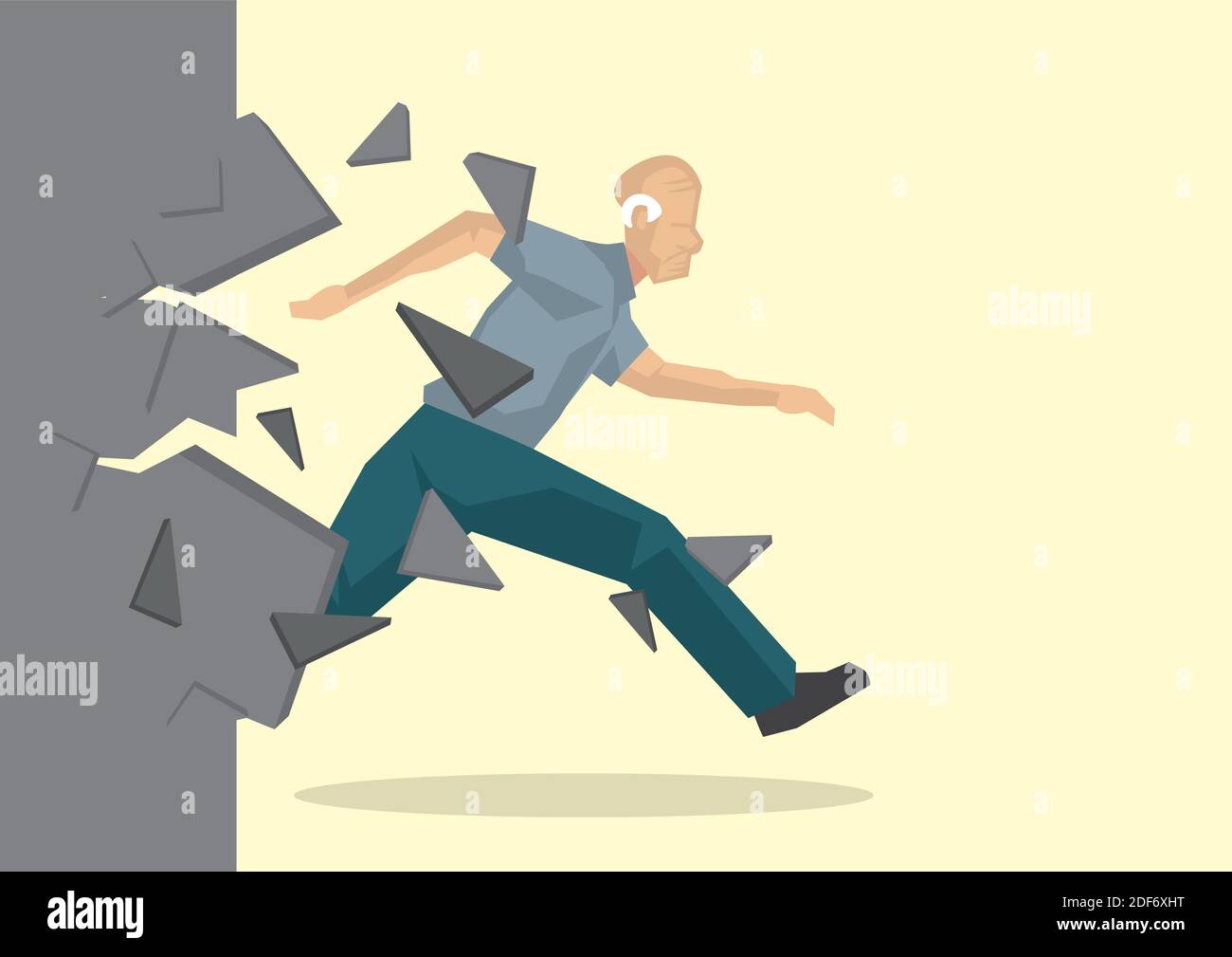 Creative cartoon vector illustration of old worker breaking wall ...