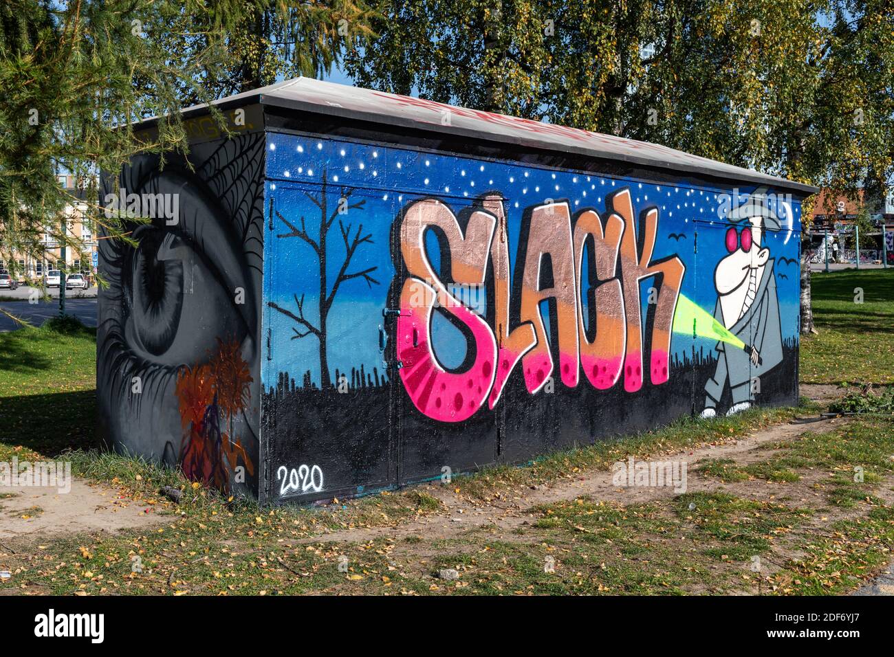 Murals of graffitis on electrical substation in Suvilahti district of ...