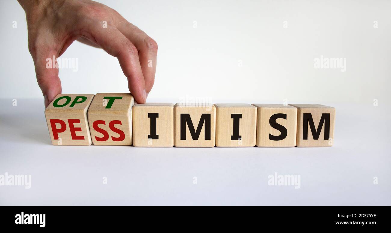 Pessimism or optimism symbol. Male hand turns cubes and changes the ...