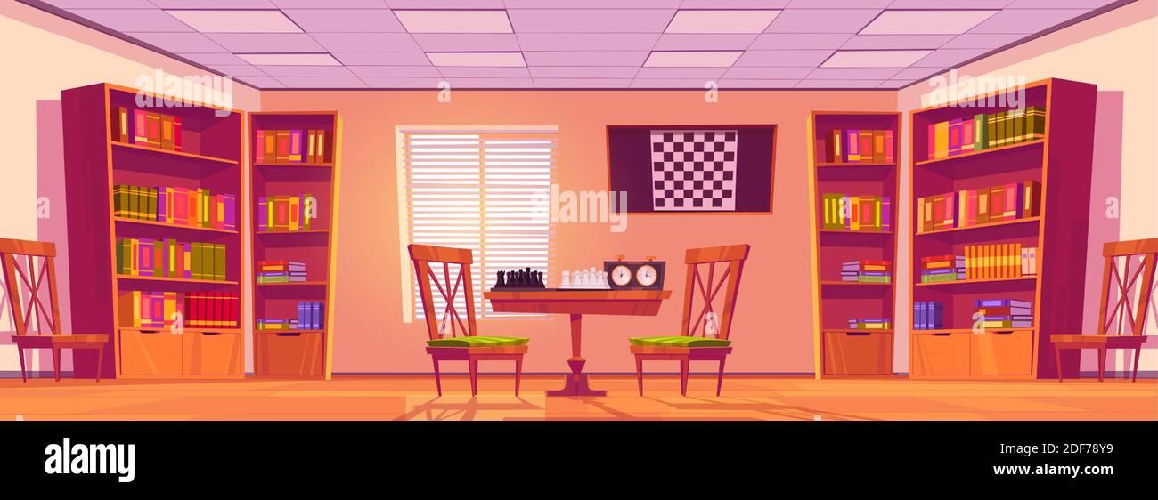 Chess club interior with board, pieces and clock on table, chairs ...