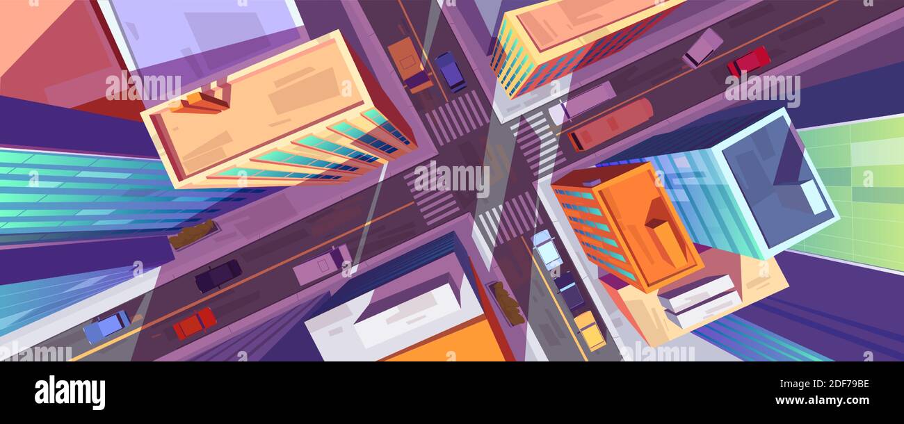 City street top view with buildings, crossroad and cars. Urban ...
