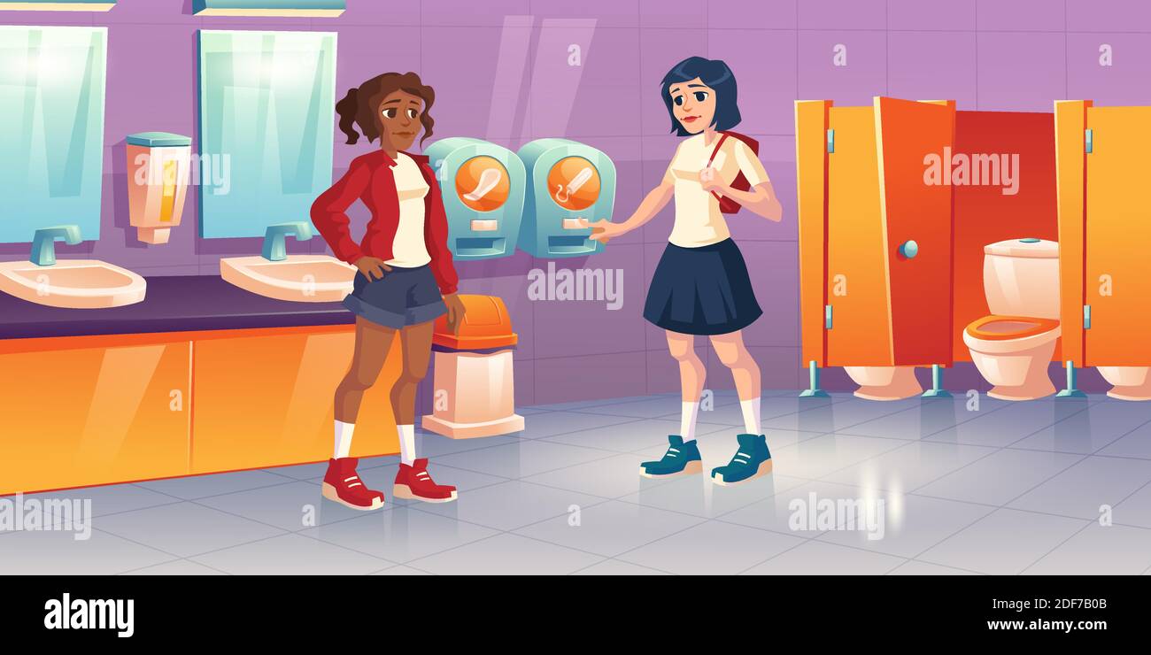 Girls in public toilet with tampon and pads vending machines. Vector ...
