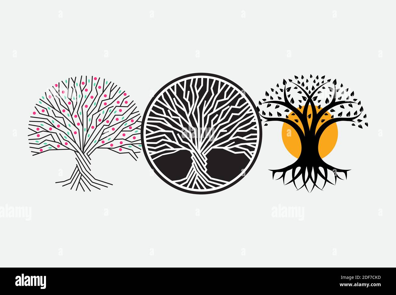 Trunk, root, and branches of tree vector round logo concept. Forest ...