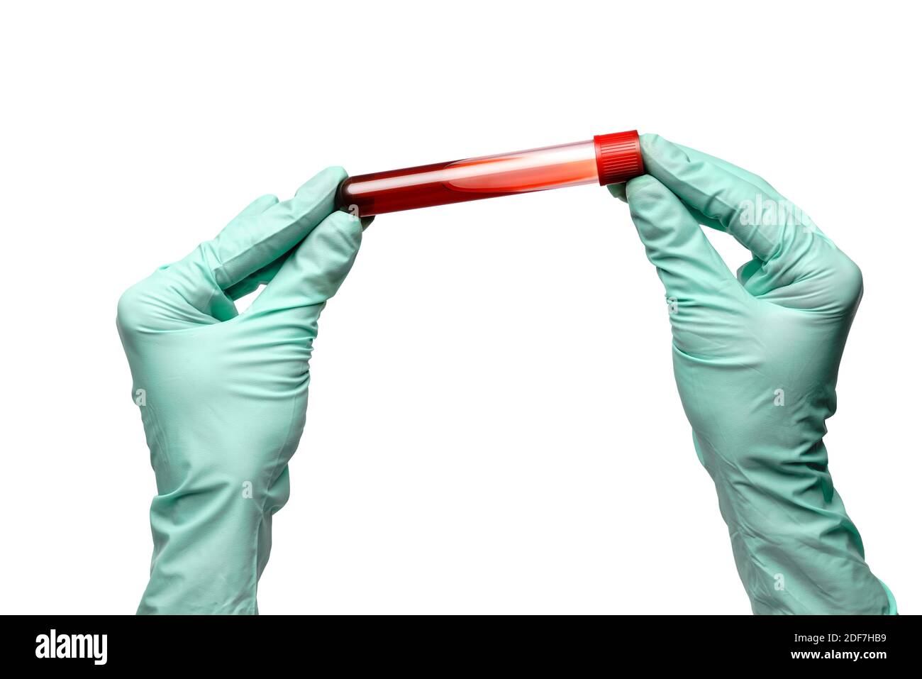 hand in latex glove holding blood sample in test tube close up isolated ...