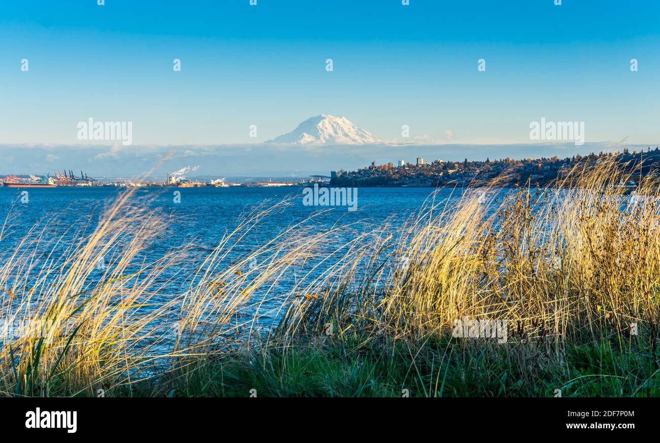 A view of the Port of Tacoma and Mount Rainier from Ruston, Washington ...