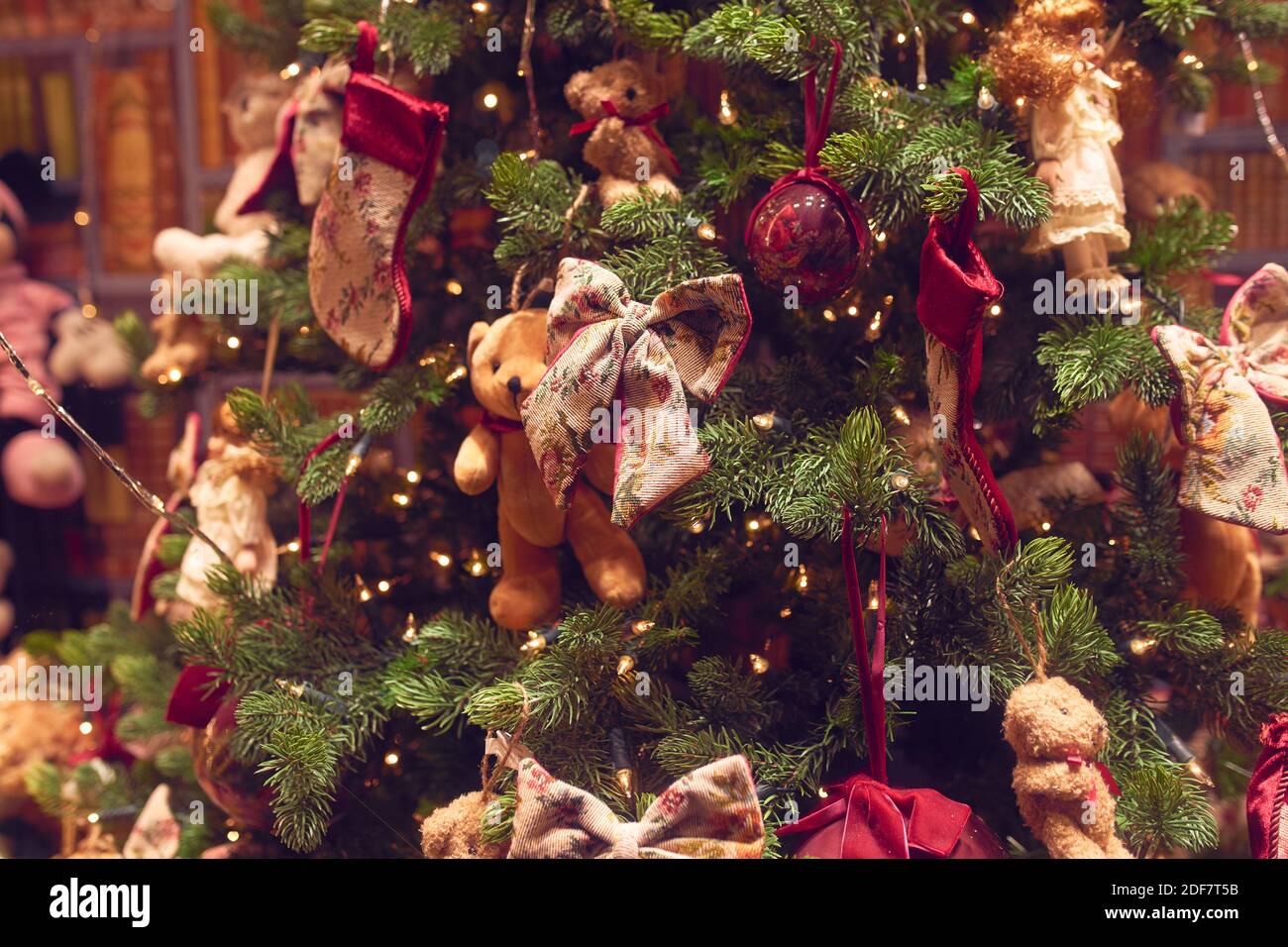 Christmas fir tree decorations with baubles and lights Stock Photo - Alamy