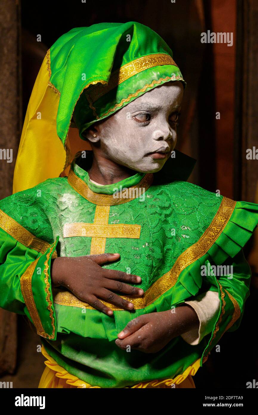 Gabon, Libreville, portrait of a girl with traditional makeup and ...