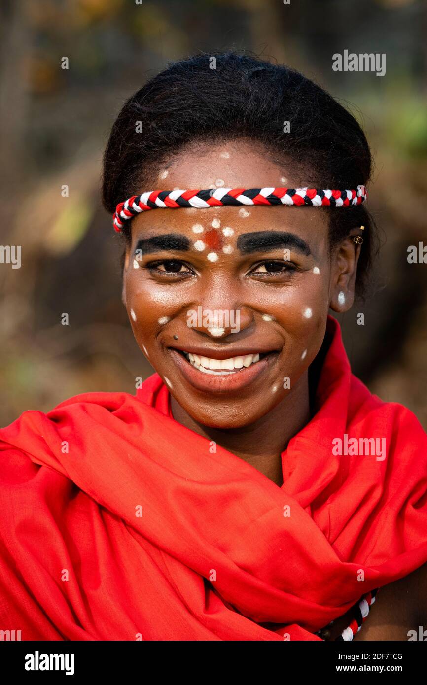 Gabon, Libreville, portrait of a woman with traditional makeup during ...