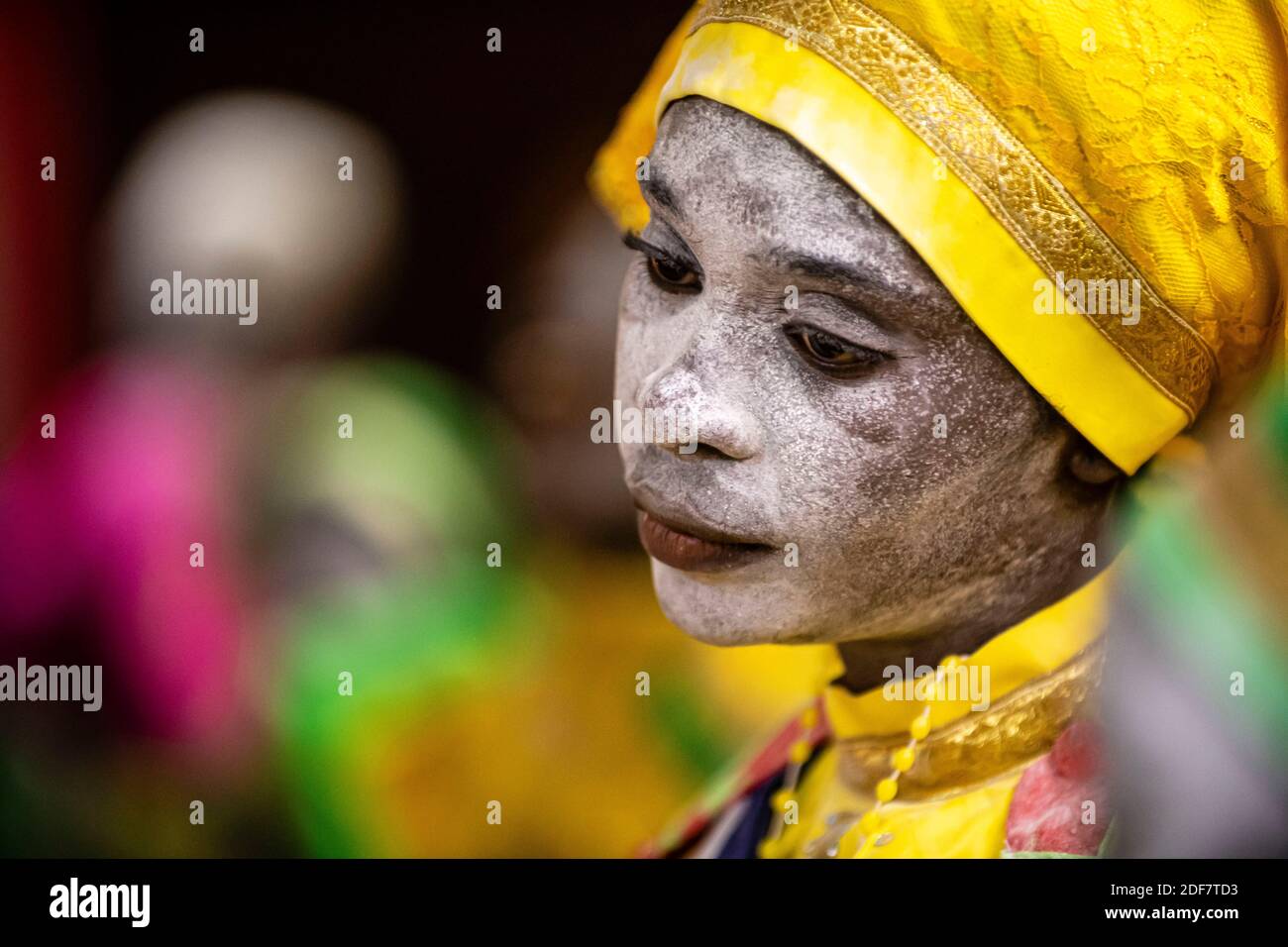 Gabon, Libreville, portrait of a woman with traditional makeup during ...