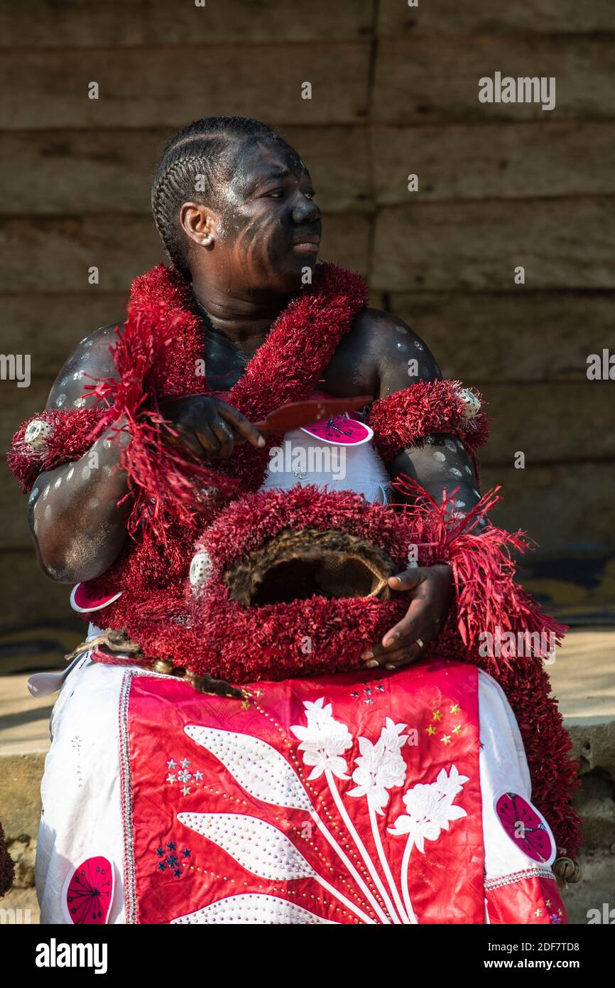 Gabon, Libreville, portrait of a woman with traditional makeup during ...