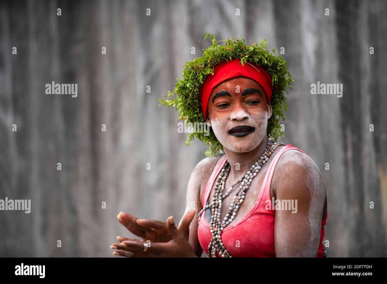 Gabon, Libreville, portrait of a woman with traditional makeup during ...