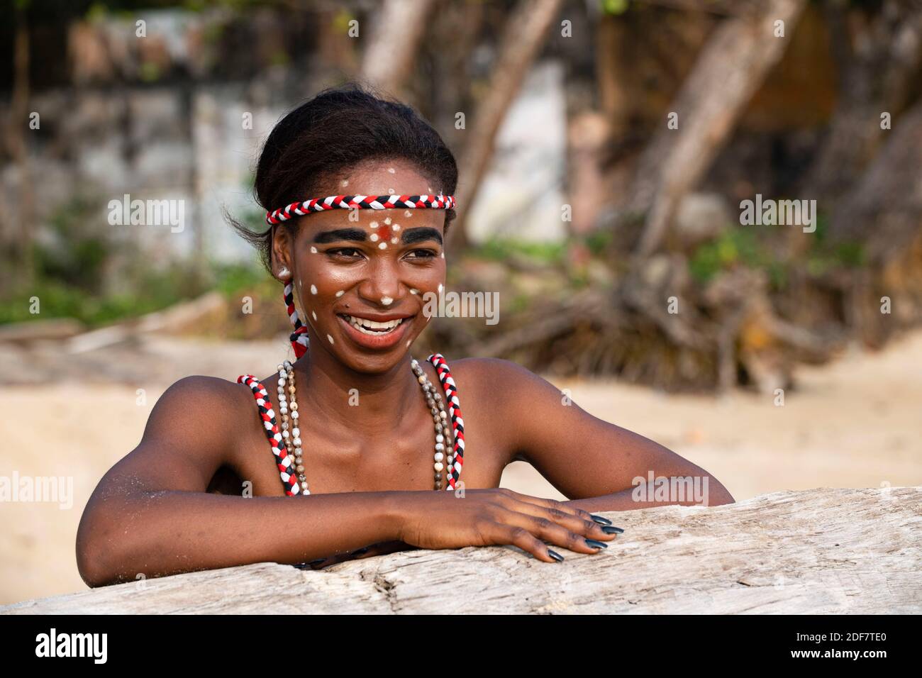 Gabon, Libreville, portrait of a woman with traditional makeup during ...