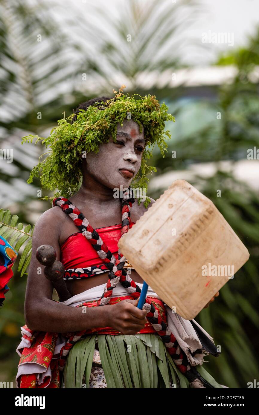 Gabon, Libreville, portrait of a woman with traditional makeup during ...