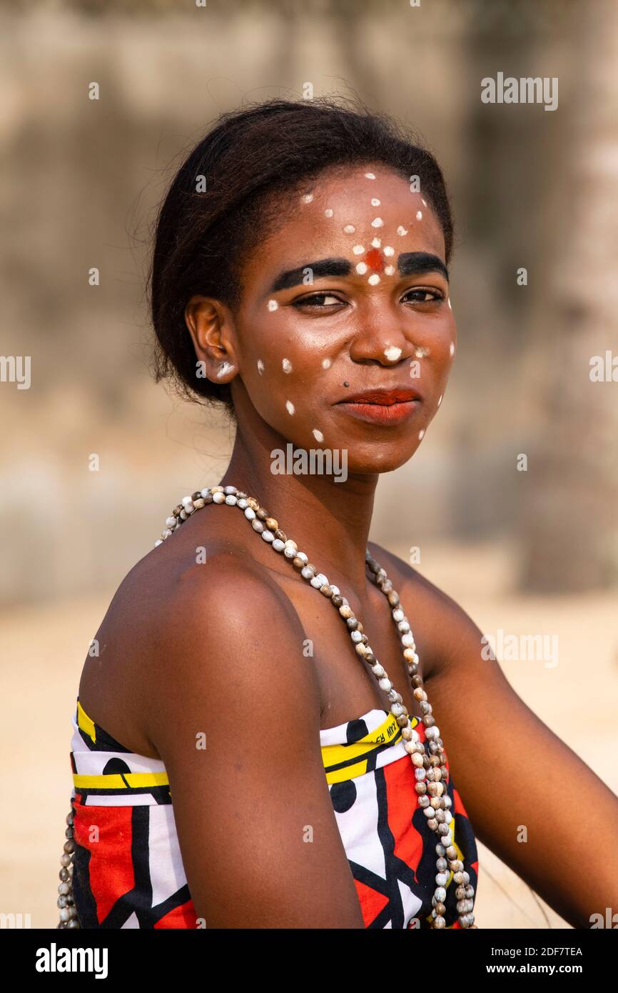 Gabon, Libreville, portrait of a woman with traditional makeup during ...
