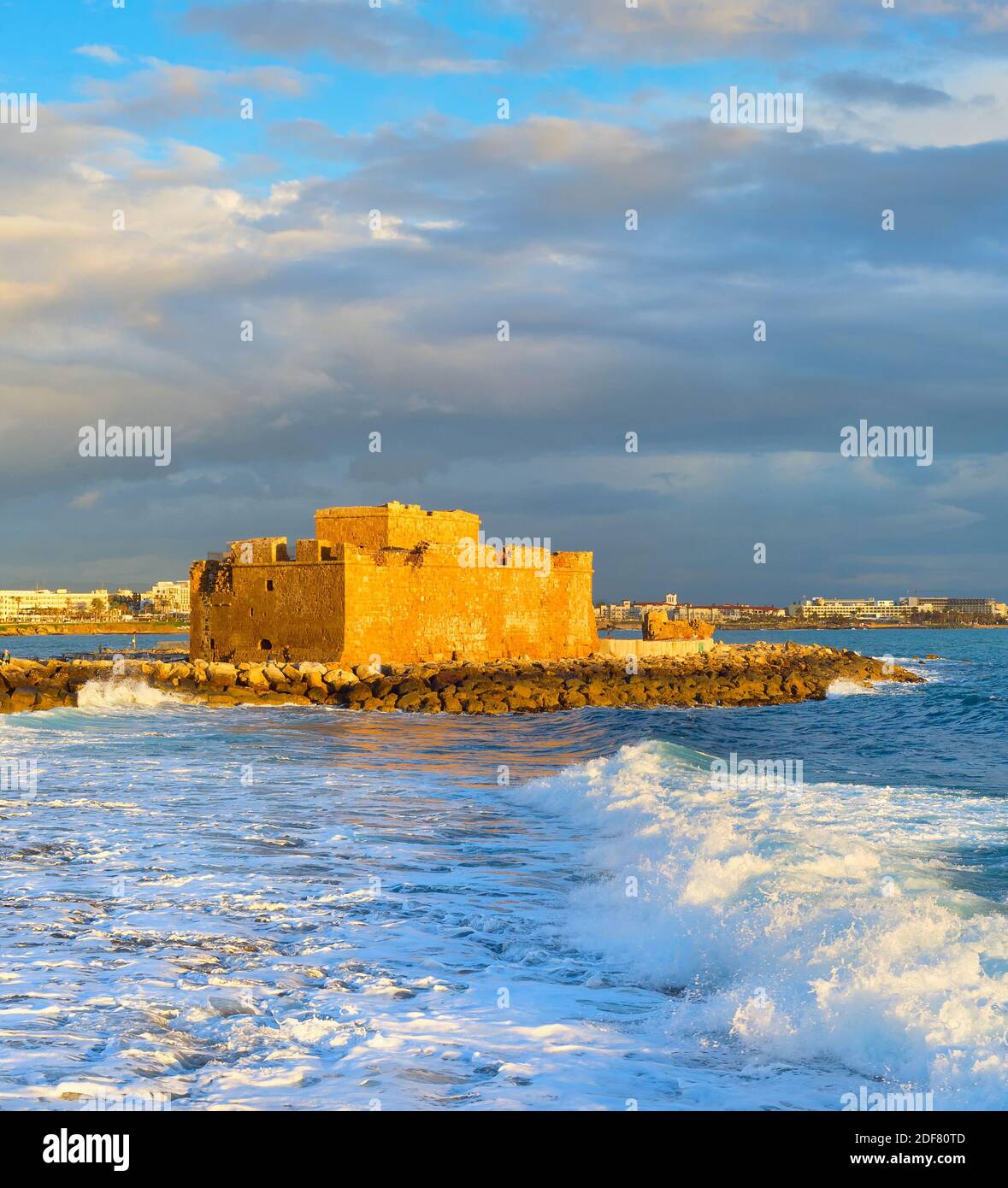 Scenic sunset seascape with clouds and Paphos Harbour Castle view ...