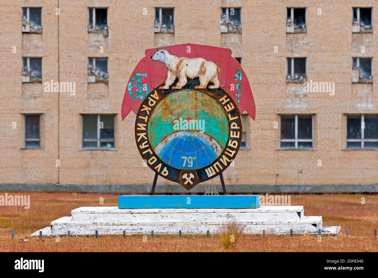 Polar bear sign at Pyramiden, abandoned Soviet coal mining settlement ...