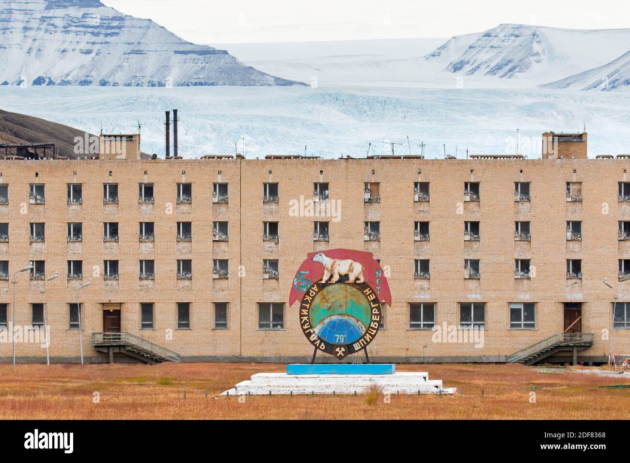 Polar bear sign at Pyramiden, abandoned Soviet coal mining settlement ...