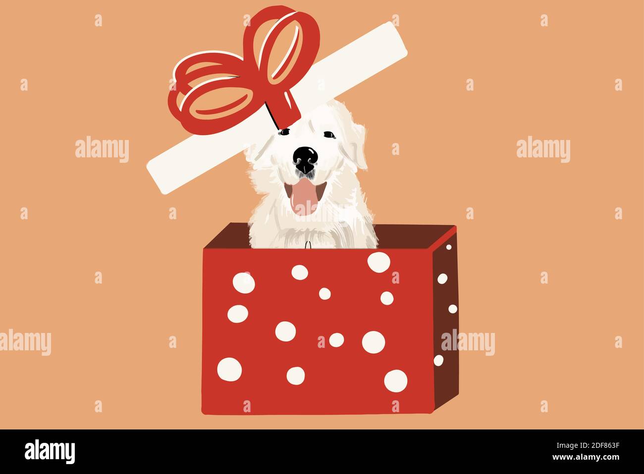 White dog in a gift box on the background. Vector illustration in flat ...