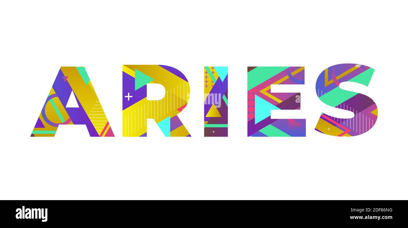 The word ARIES concept written in colorful retro shapes and colors ...