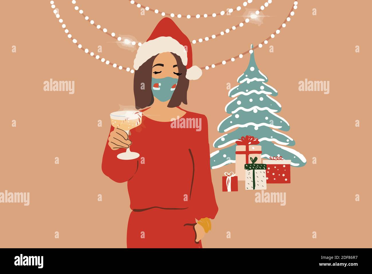 Sad woman in facial mask celebrating alone New Year holidays at home ...