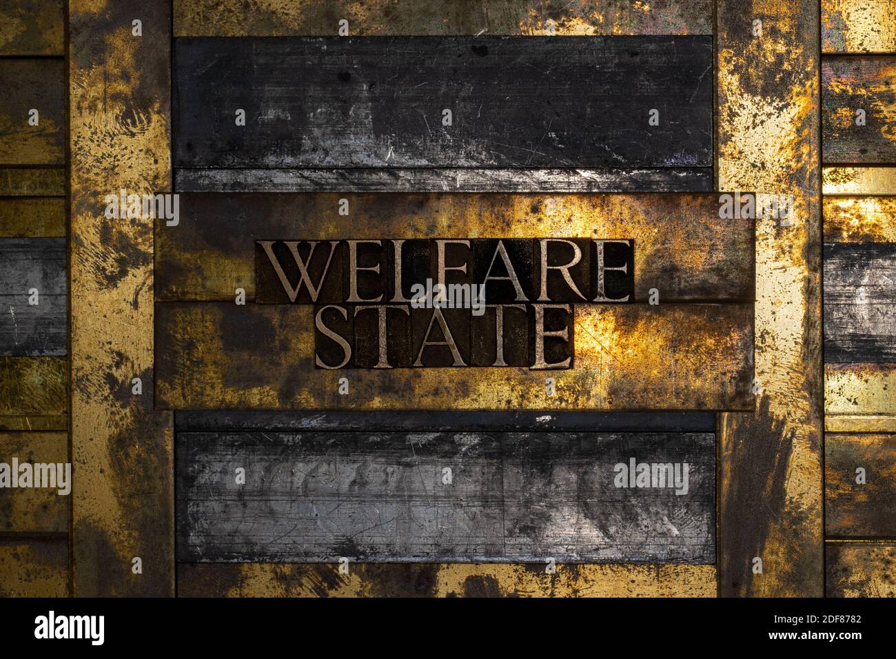 Welfare State text formed by real authentic typeset letters on vintage ...