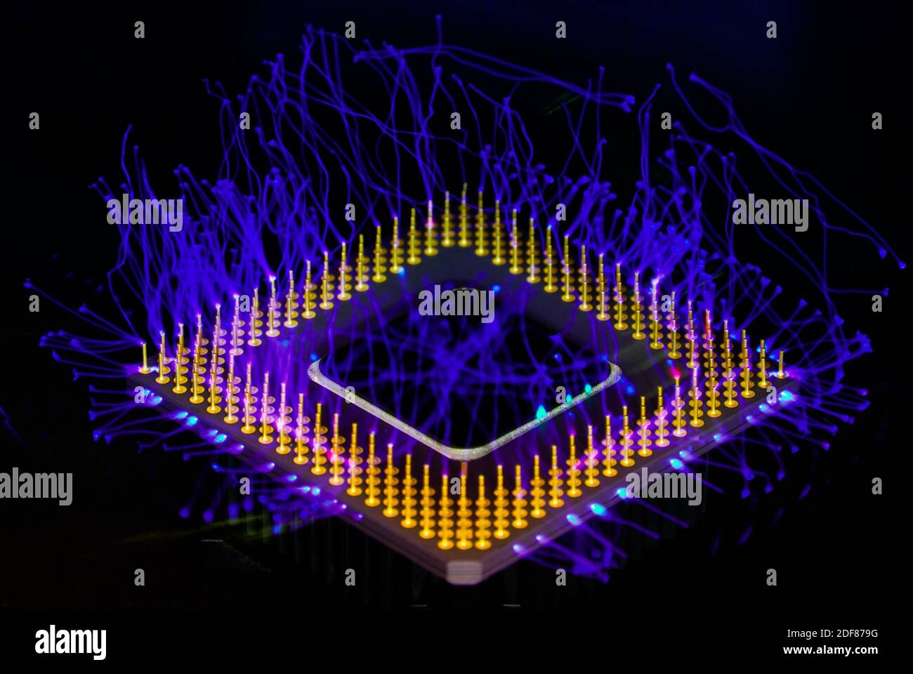 Burn out concept. Burning overload CPU overheating. Blue lightning on ...
