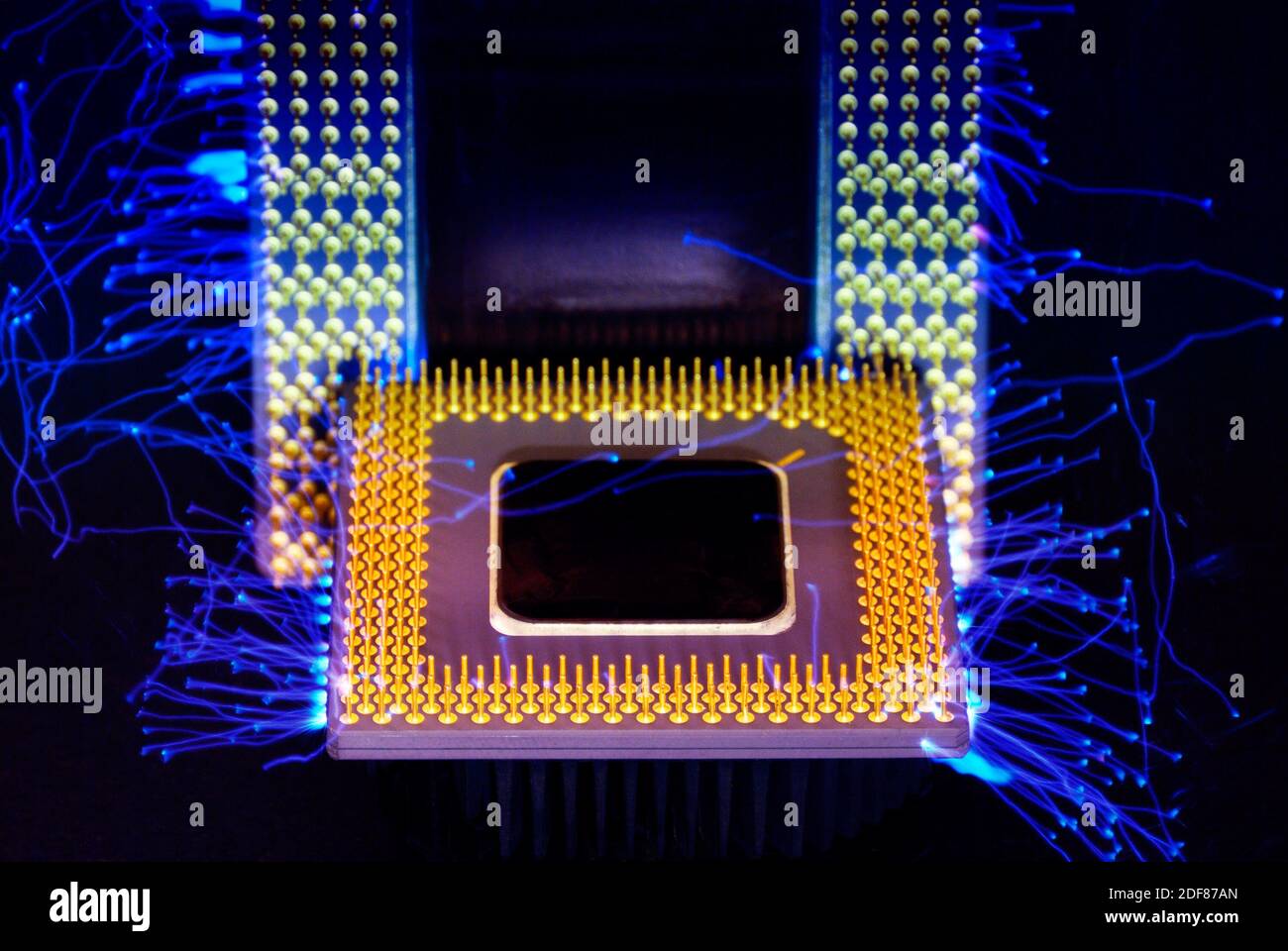 Burn out concept. Burning two overload CPU overheating. Blue lightning ...
