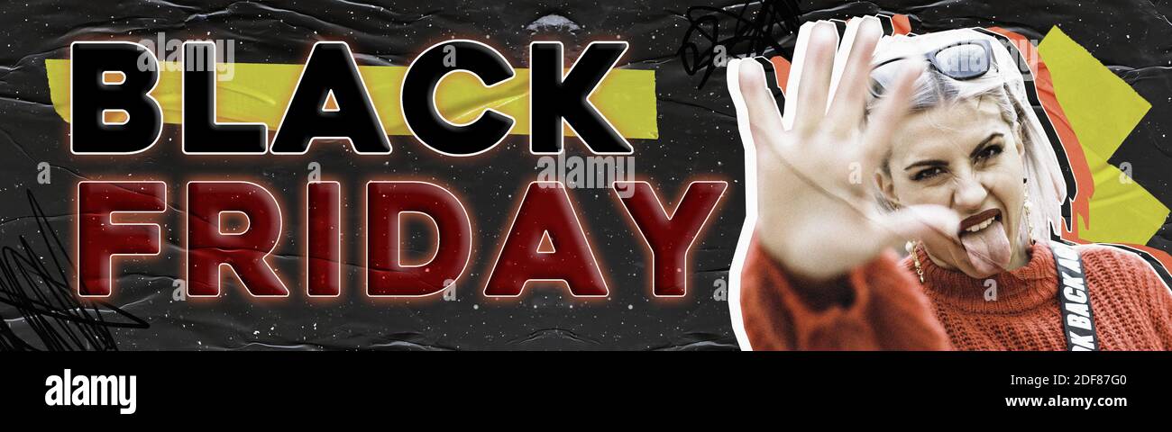 An illustration of the phrase "BLACK FRIDAY" and a female raising her ...