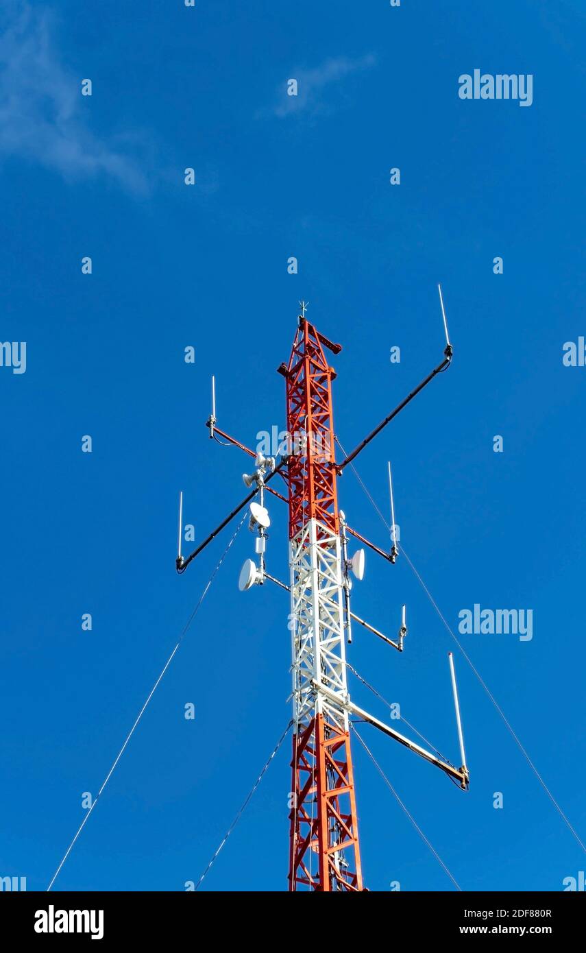 Mobile equipment on the communication tower. Telecommunication aerial ...