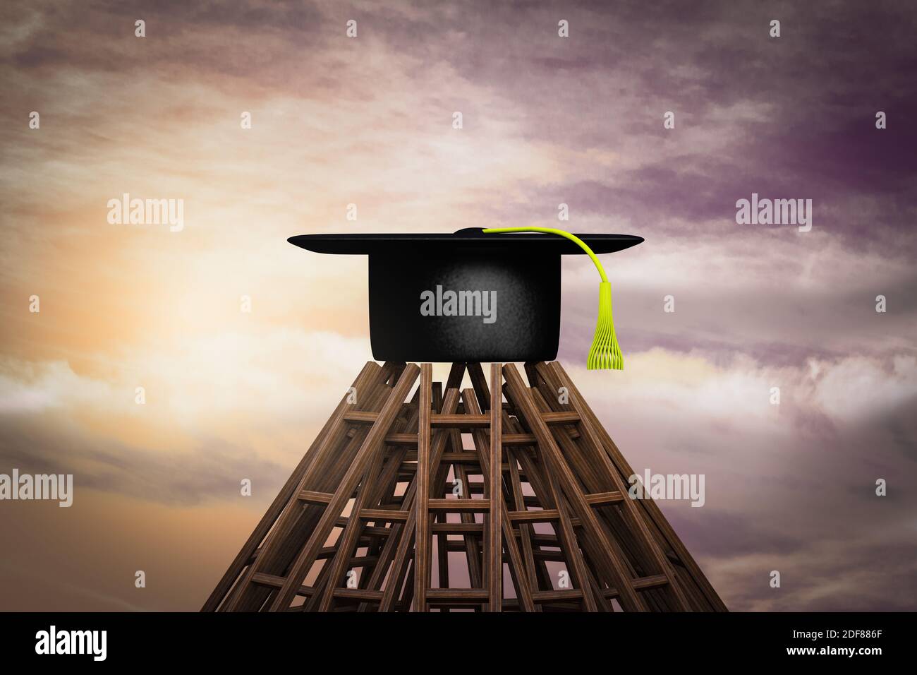 Graduate cap on top of many ladders together as pyramid. Congratulate ...