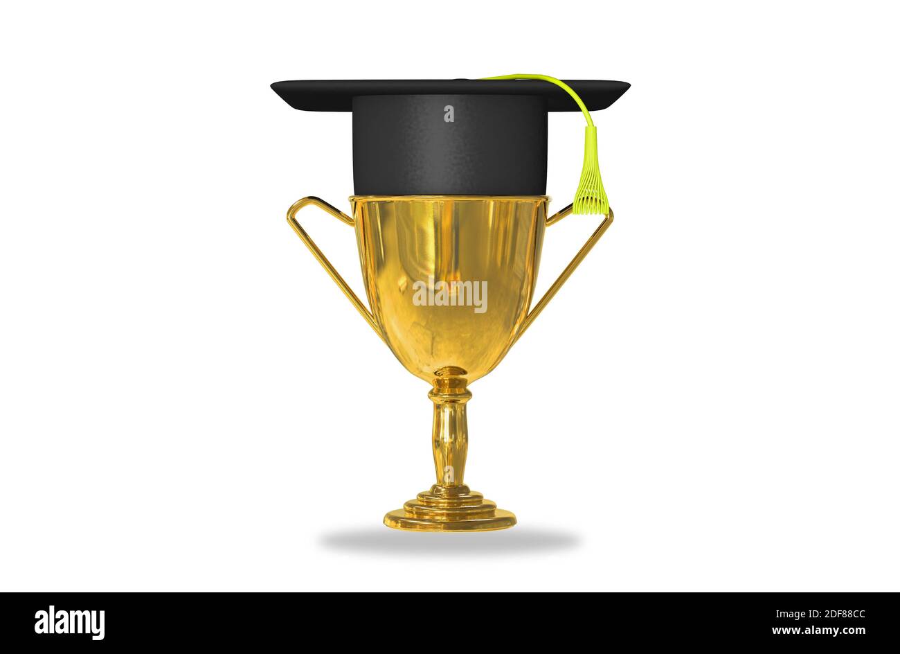 Golden trophy cup isolated on white background with graduation hat ...