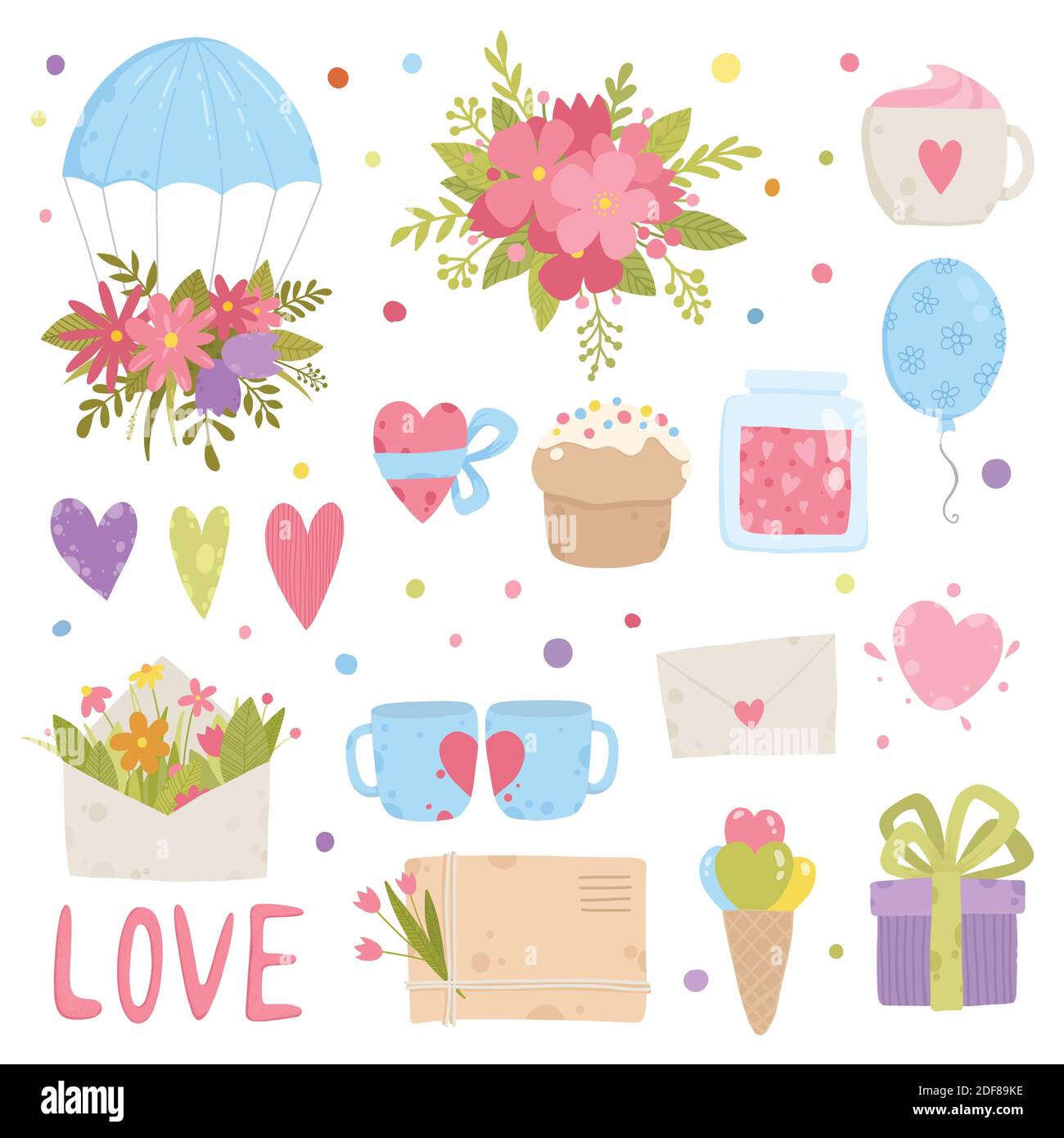 Set of cute, pretty design elements for girls with flowers, birds and ...