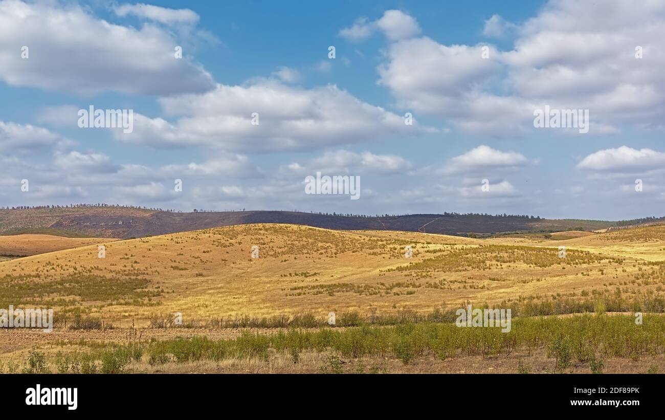 Landscape with barren hills and valley of the Spanish countryside on a ...