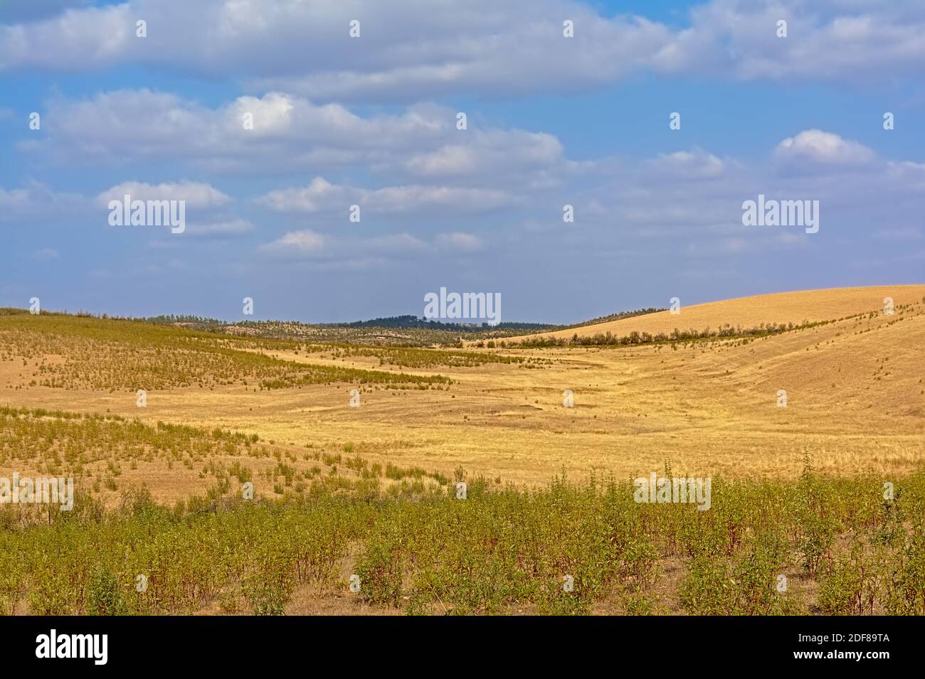 Landscape with barren hills and valley of the Spanish countryside on a ...