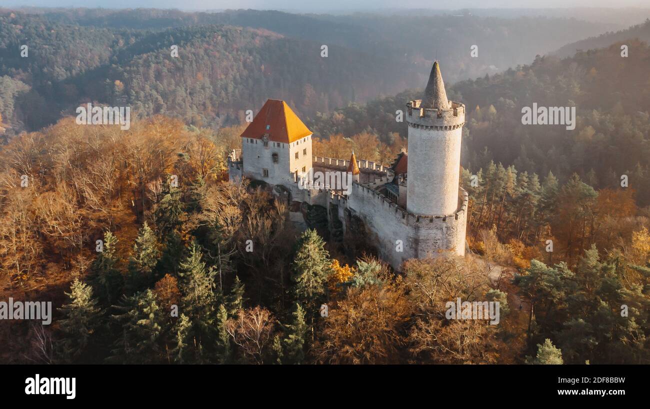 Aerial fall view of old stone Kokorin Castle built in 14th century.It ...