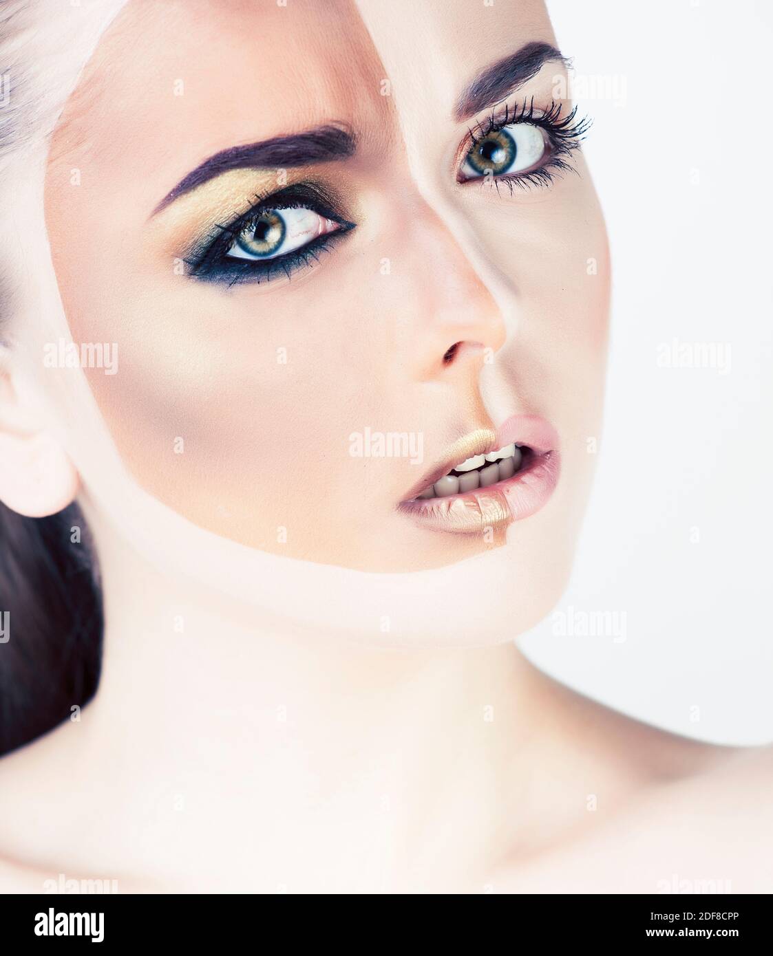 half faced woman with creative makeup like before sunbathe and after ...